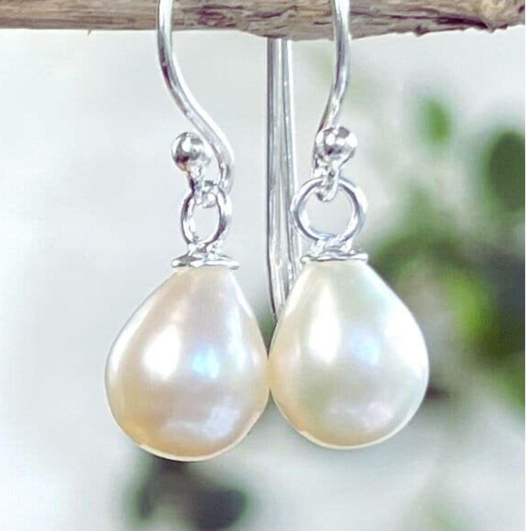 Pearl and Silver Dangle Earrings, Natural Sterling Drops, Dainty ...