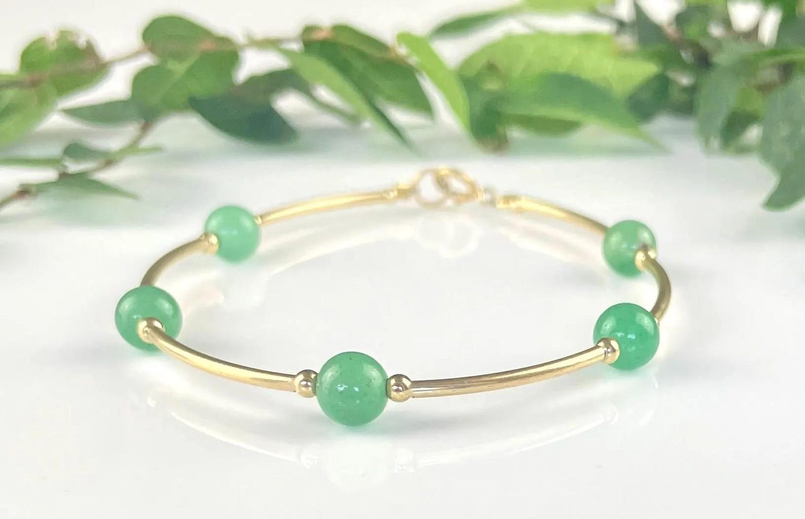Green Jade & 14k Gold Healing Crystal Bracelet - Dainty Beaded Jewelry ...