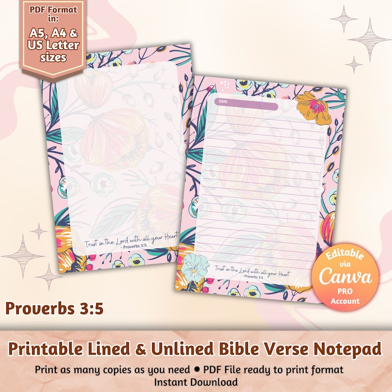 Printable Bible Verse Notepad, Lined and Unlined Stationery, Digital ...