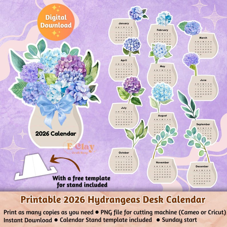 Printable 2026 Hydrangeas Desk Calendar PNG With Free Stand Template - Etsy