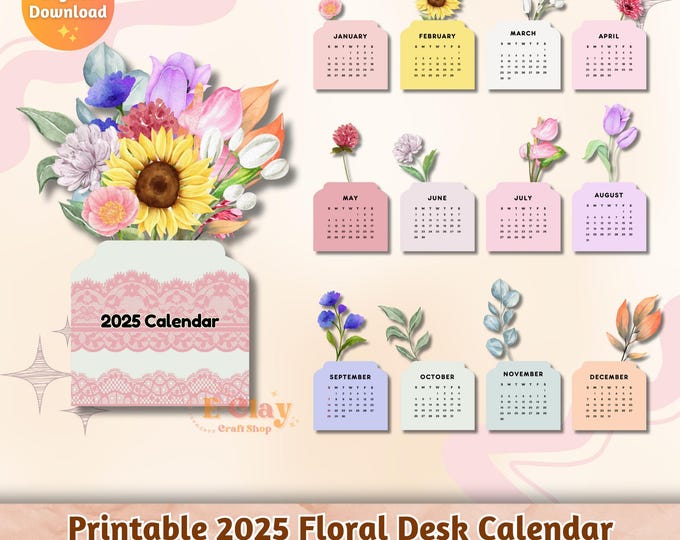 Printable Floral Desk Calendar 2025, Hanging Flowers Mini Desk Calendar ...