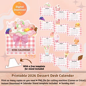 Printable 2026 Dessert Desk Calendar PNG With Free Stand Template - Etsy