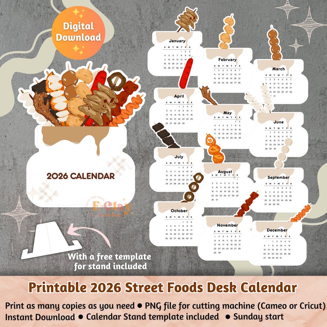 Printable 2026 Street Foods Desk Calendar PNG With Free Stand Template ...