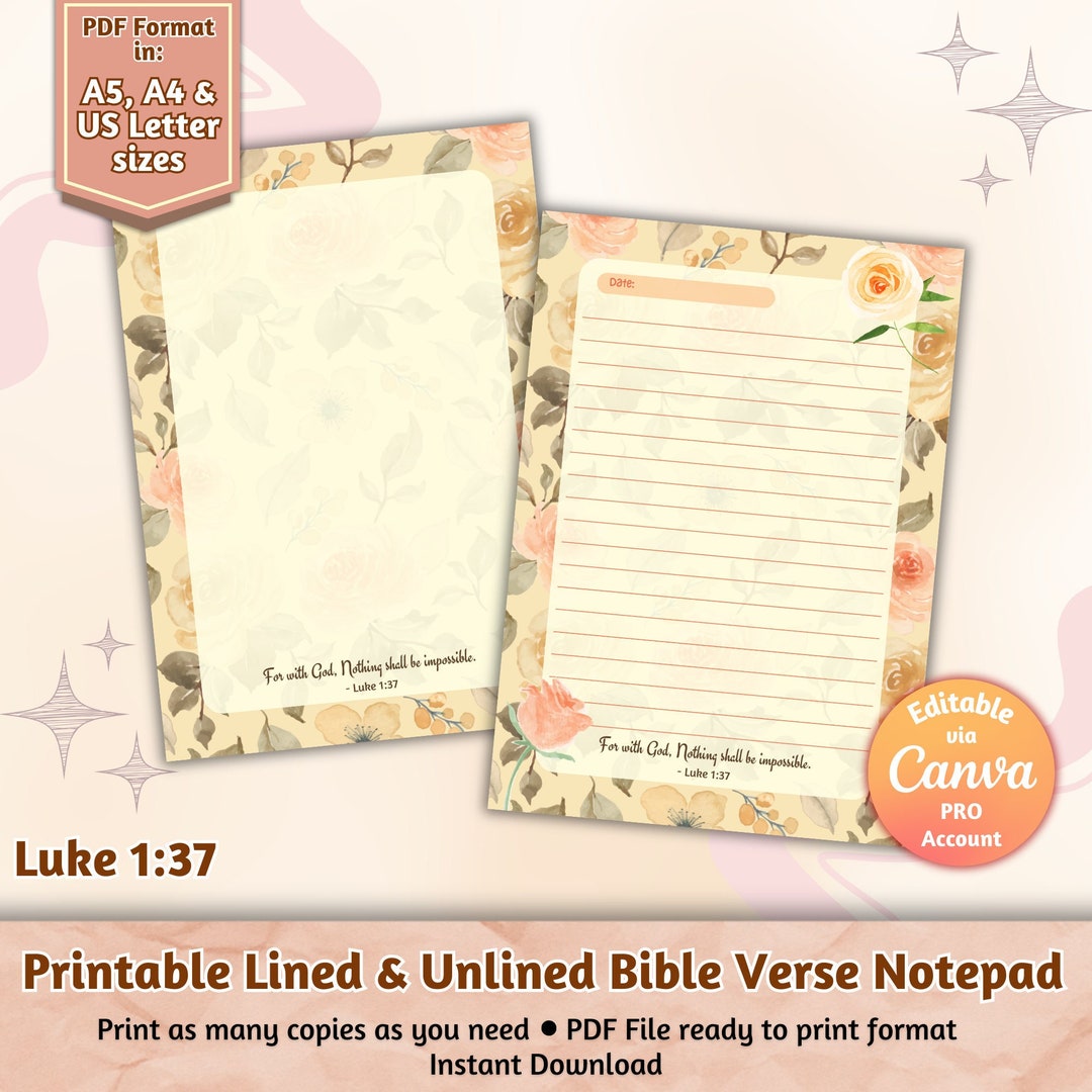 Printable Bible Verse Notepad, Lined and Unlined Stationery, Digital ...