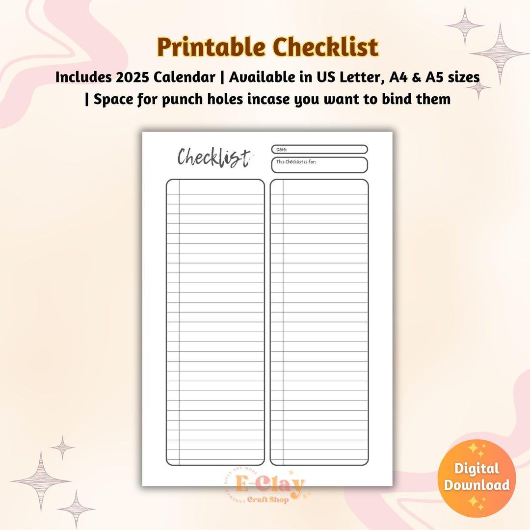 Checklist Planner Printable, Planner Inserts, Printable & Fillable, US ...