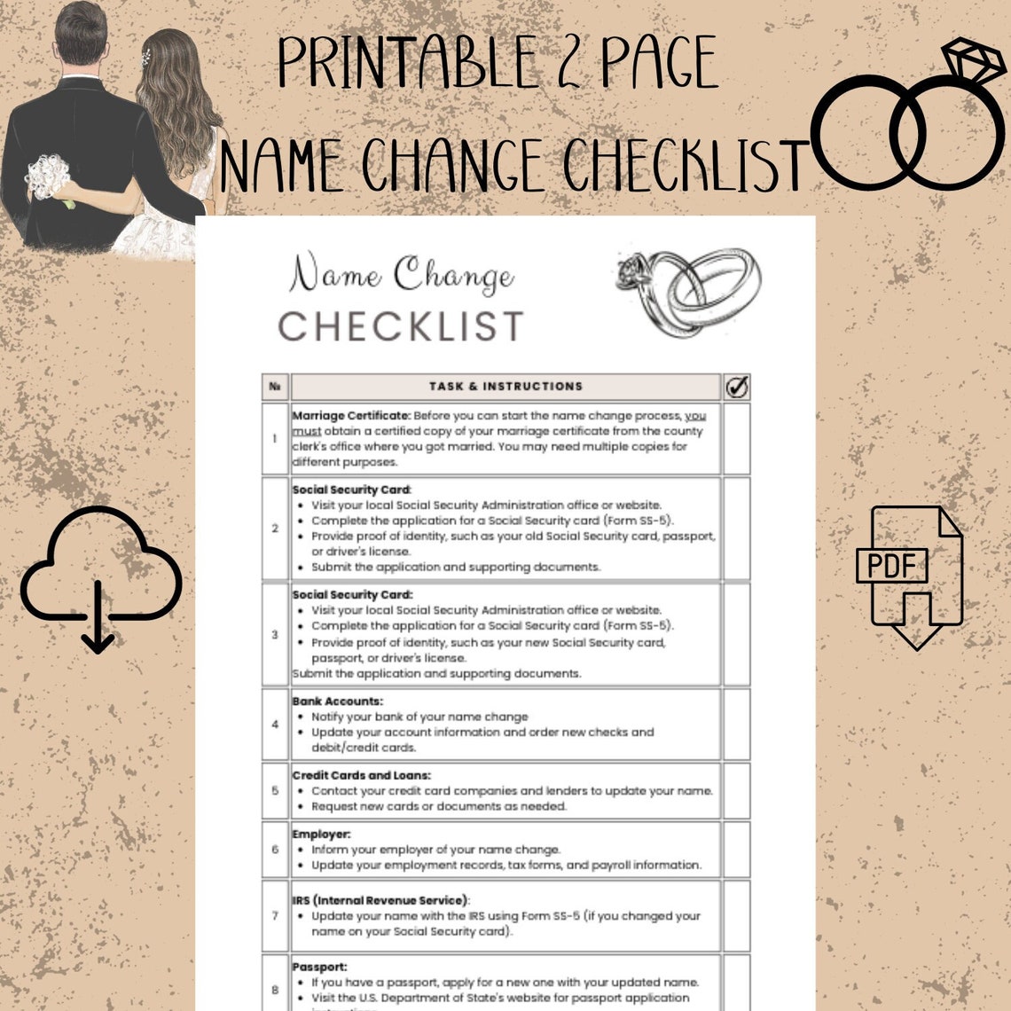 Comprehensive Newlywed Bride Name Change Checklist - Downloadable PDF - Etsy