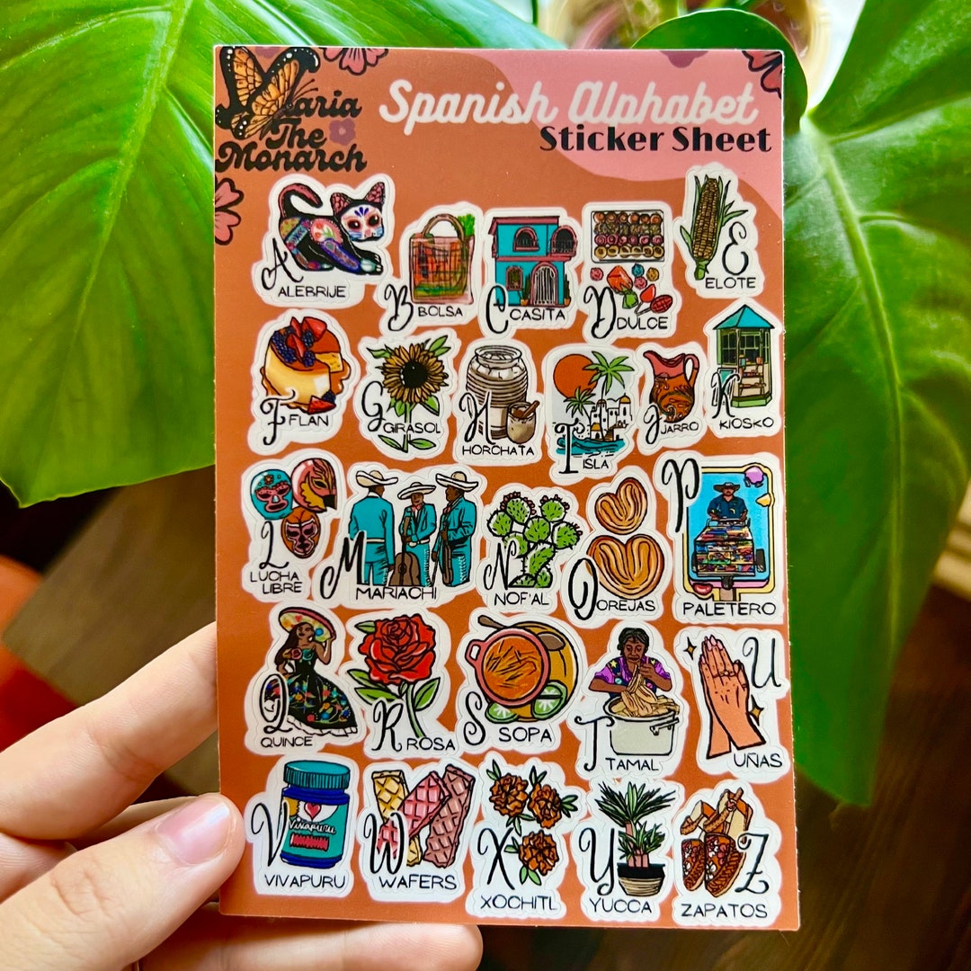 Spanish Alphabet | 26 Pc Waterproof Sticker Sheet, 6”x4” | Boho, Latino ...