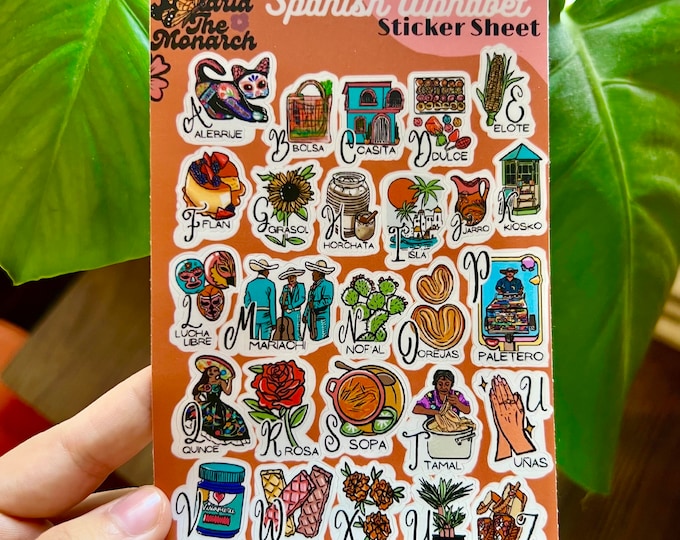 Spanish Alphabet 26 Pc Waterproof Sticker Sheet, 6x4 Boho, Latino Kids ...