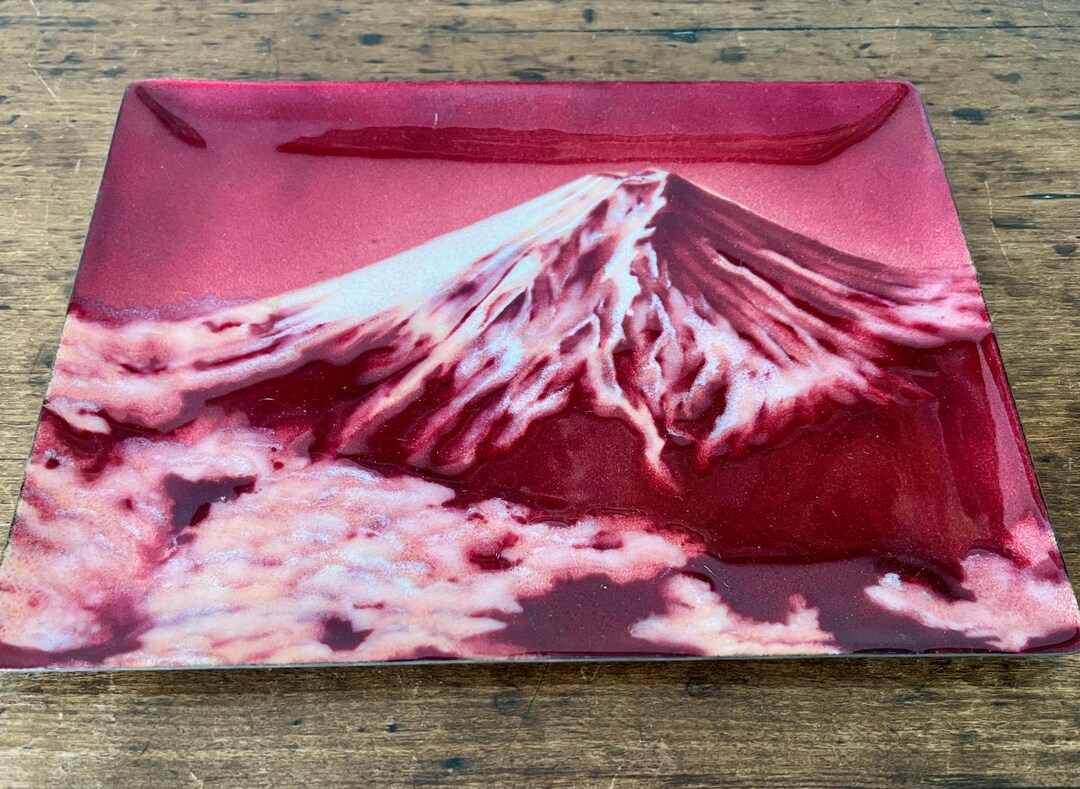 Vintage Mt. Fuji Japan Enamel Tray Owari Shippo Red Cloisonne Serving ...