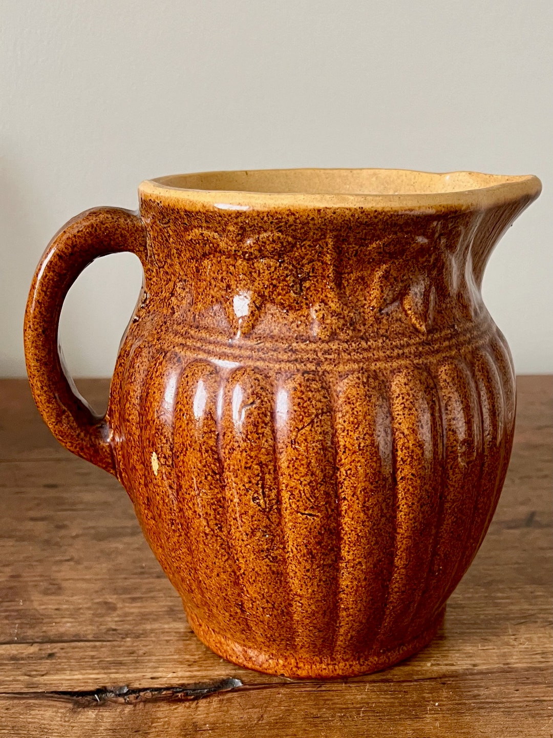 Vintage Yellow Ware Pitcher Brown: Ribbed Design With Leaves Stoneware ...