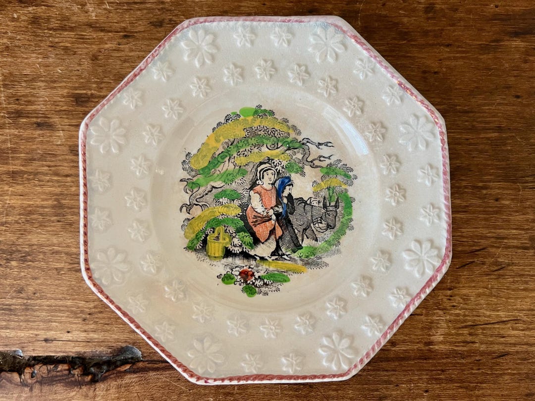 Antique Staffordshire Pearlware Plate, Clobbered Hand Painted Nursery ...