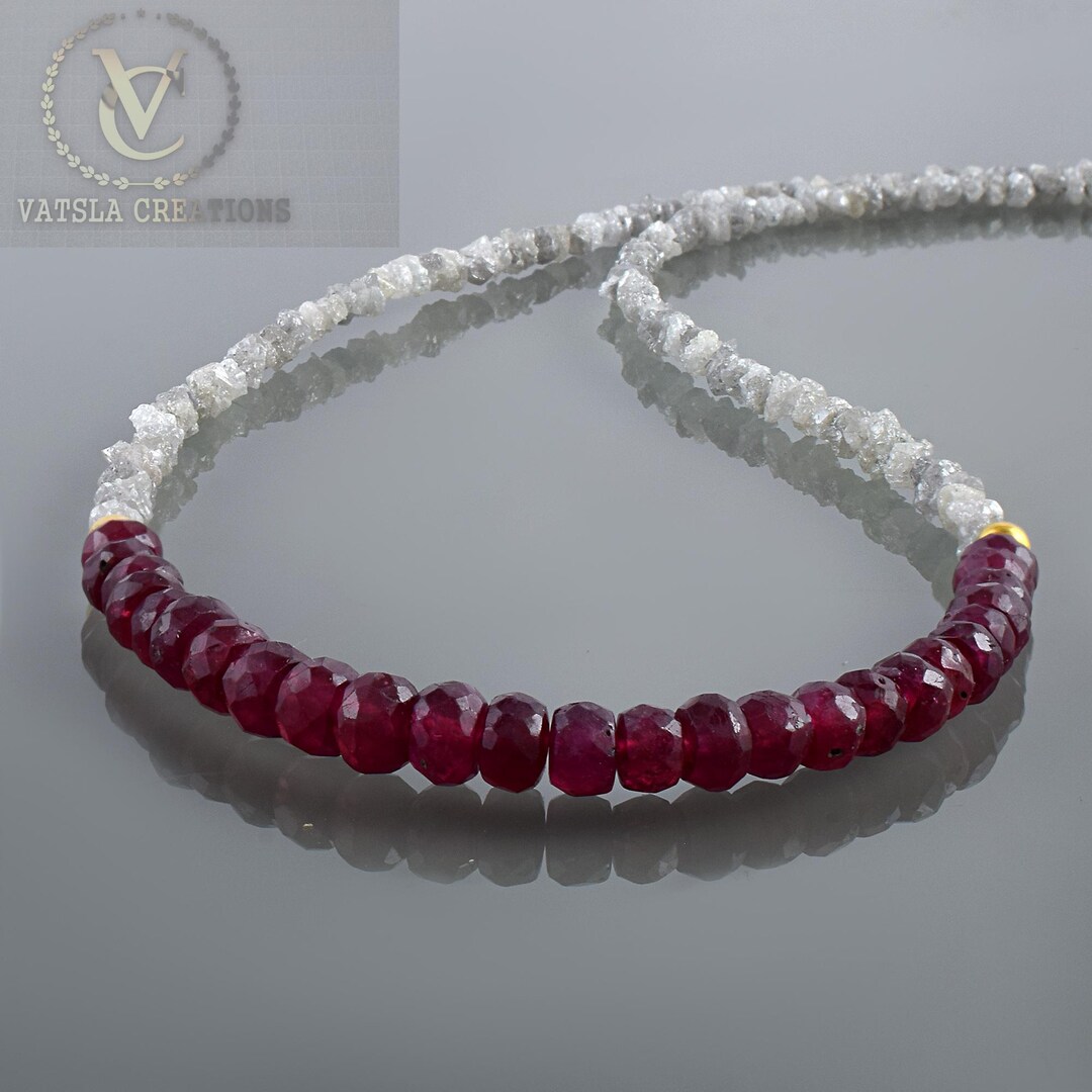 Ruby & Grey Diamond Necklace Sterling Silver Adjustable Chain Beaded ...