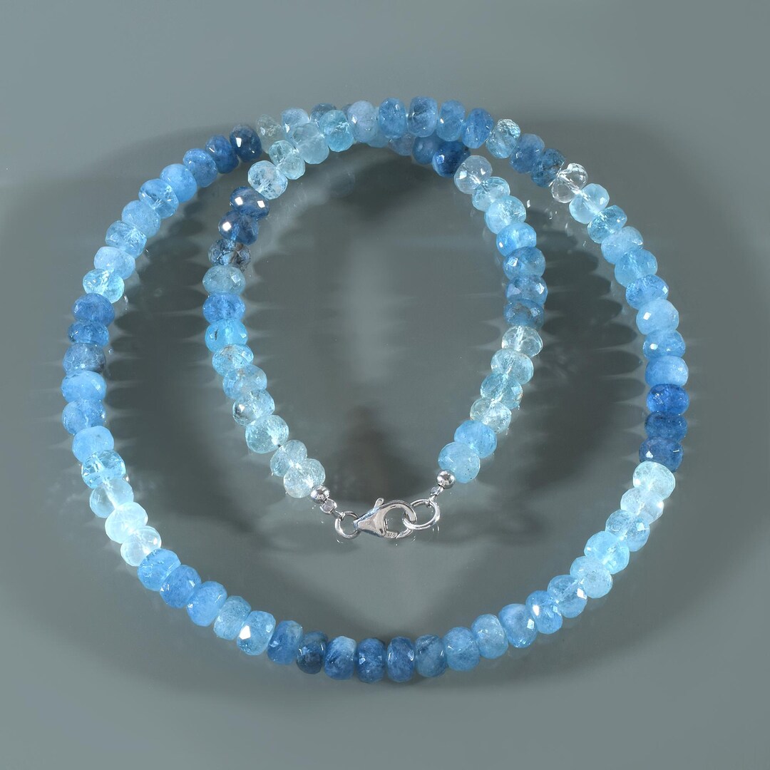 Natural Sea Blue Aquamrine Beads Necklace, Handcrafted 925 Sterling ...