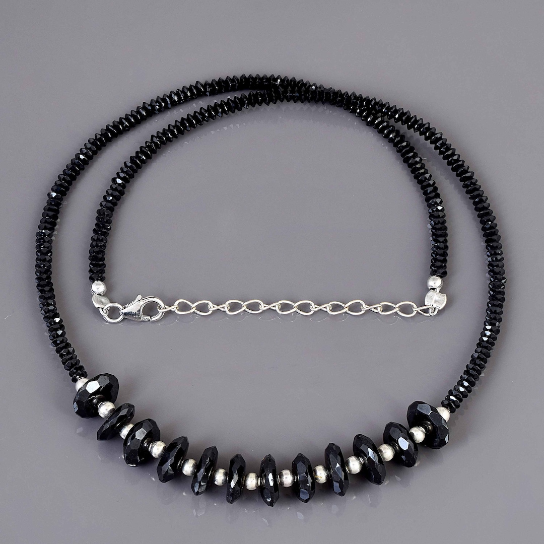 Natural Black Spinel Necklace Disc Shape Diamond Cut Necklace Black ...