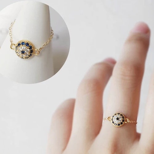 Evil Eye Chain Ring Adjustable 18k Gold Plated Stackable Rings - Etsy