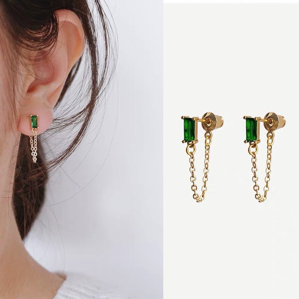 Emerald and Chain Wrap Earrings - Etsy