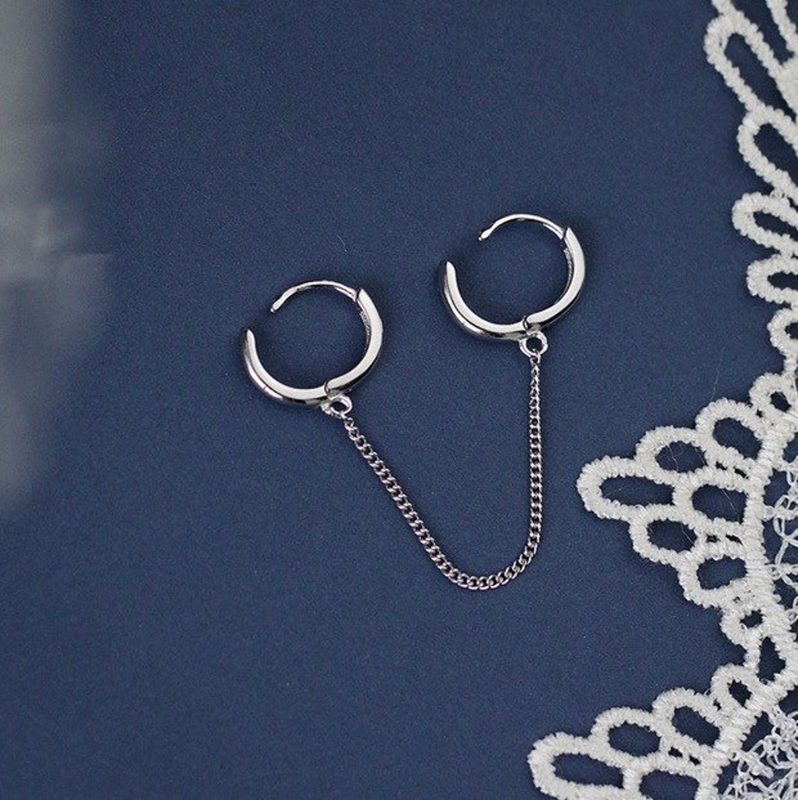 Silver Chained Double Hoops Huggies Earrings 925 Sterling - Etsy