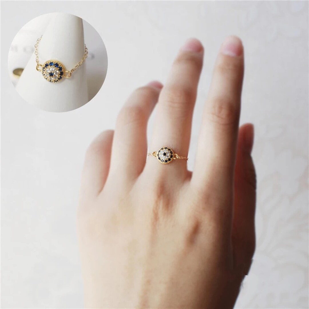 Evil Eye Chain Ring Adjustable 18k Gold Plated Stackable Rings ...