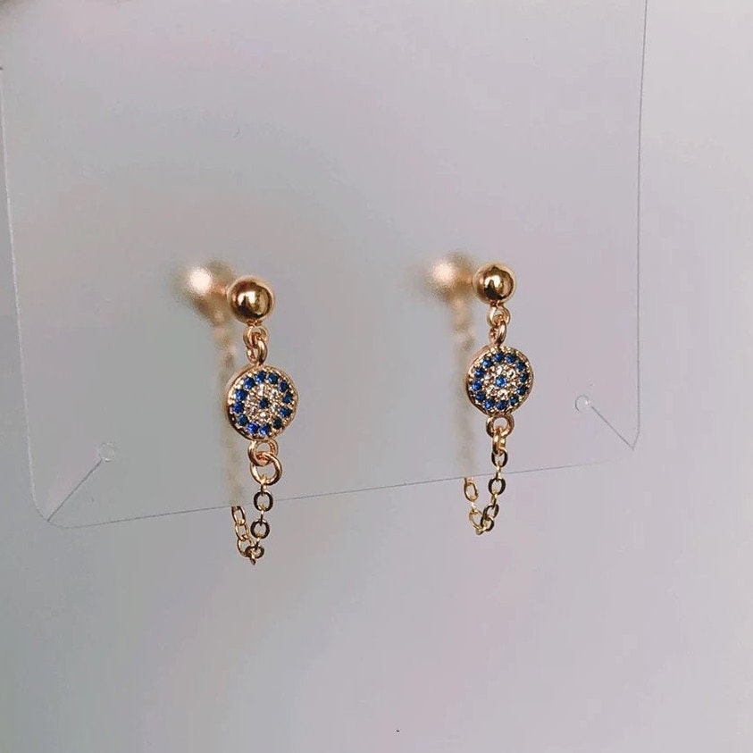 Evil Eye Chain Stud Earrings pairdainty Post Back Gold | Etsy