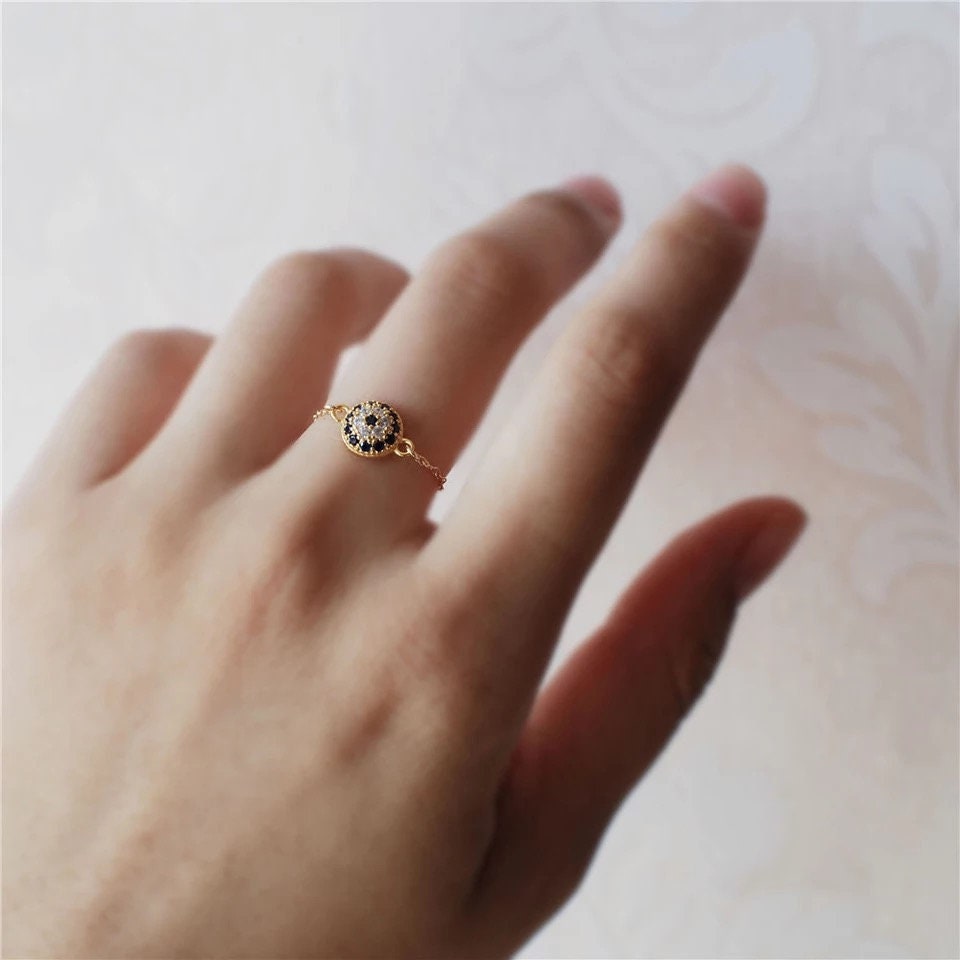 Evil Eye Chain Ring Adjustable 18k Gold Plated Stackable Rings | Etsy