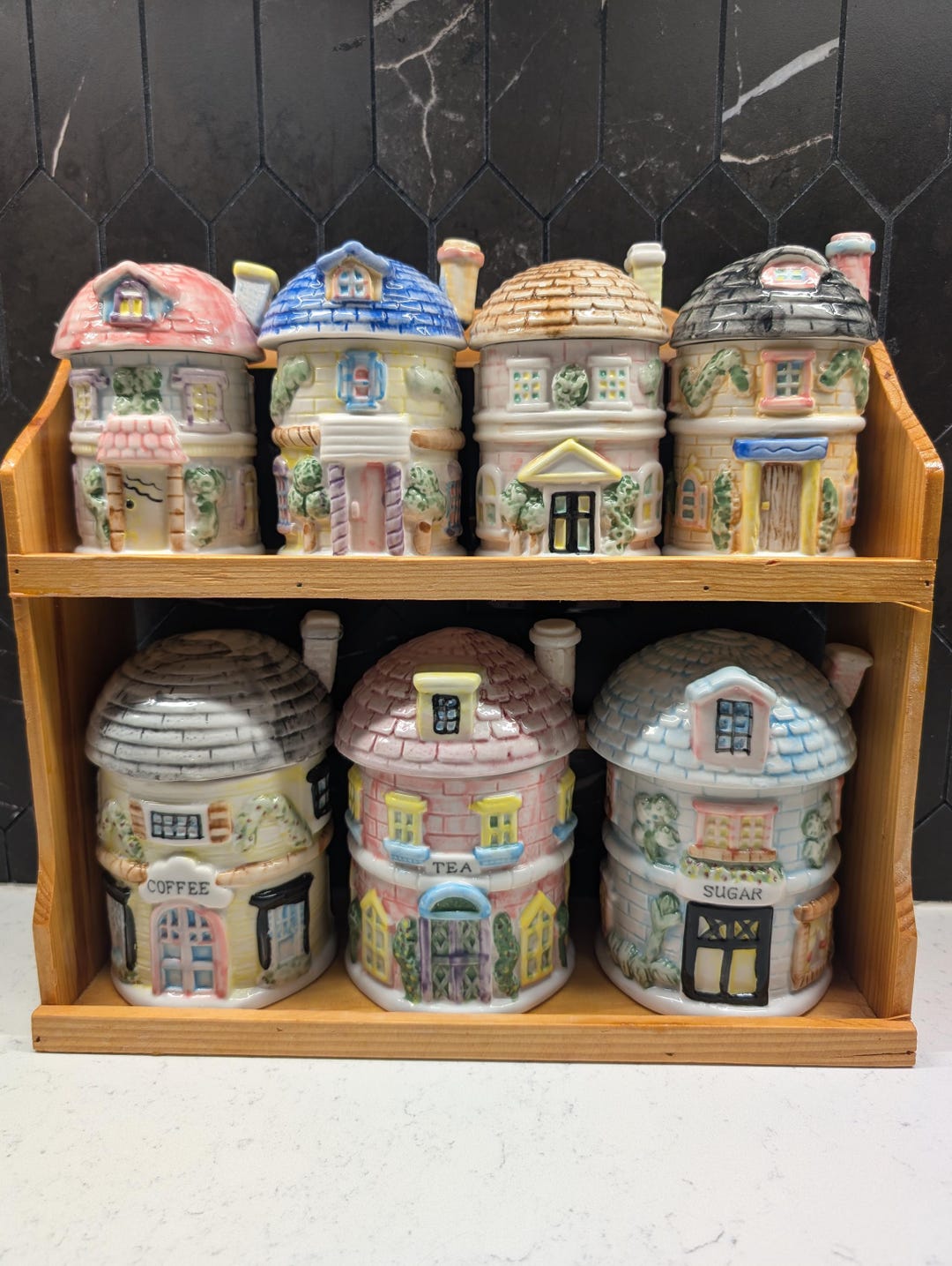 Ceramic Village Canister Set of 7- Tea, Coffee, Sugar, Plus... - Etsy