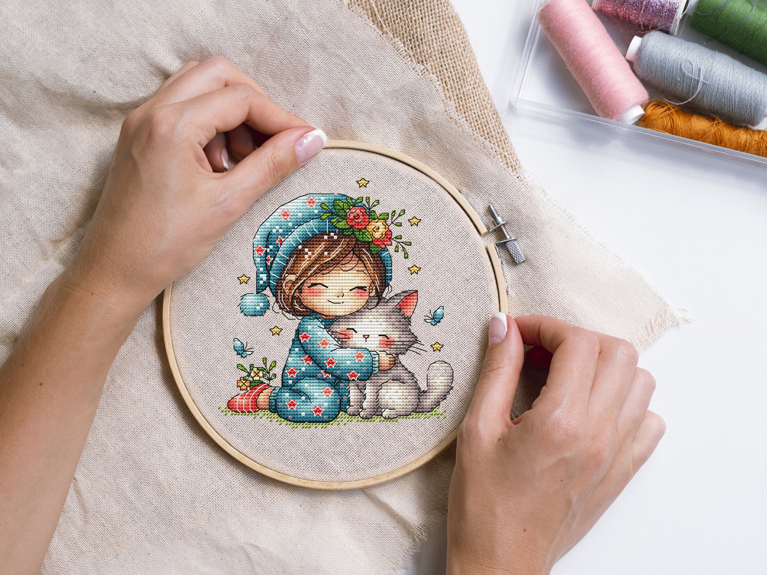 Girl Cross Stitch Pattern, Little Girl With a Kitten Cross Stitch, Soft ...
