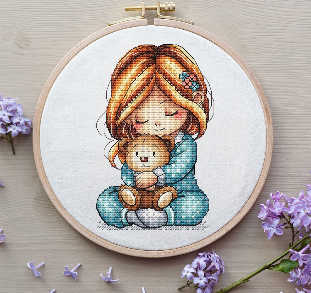 Girl Cross Stitch Pattern, Little Girl With a Teddy Bear Cross Stitch ...