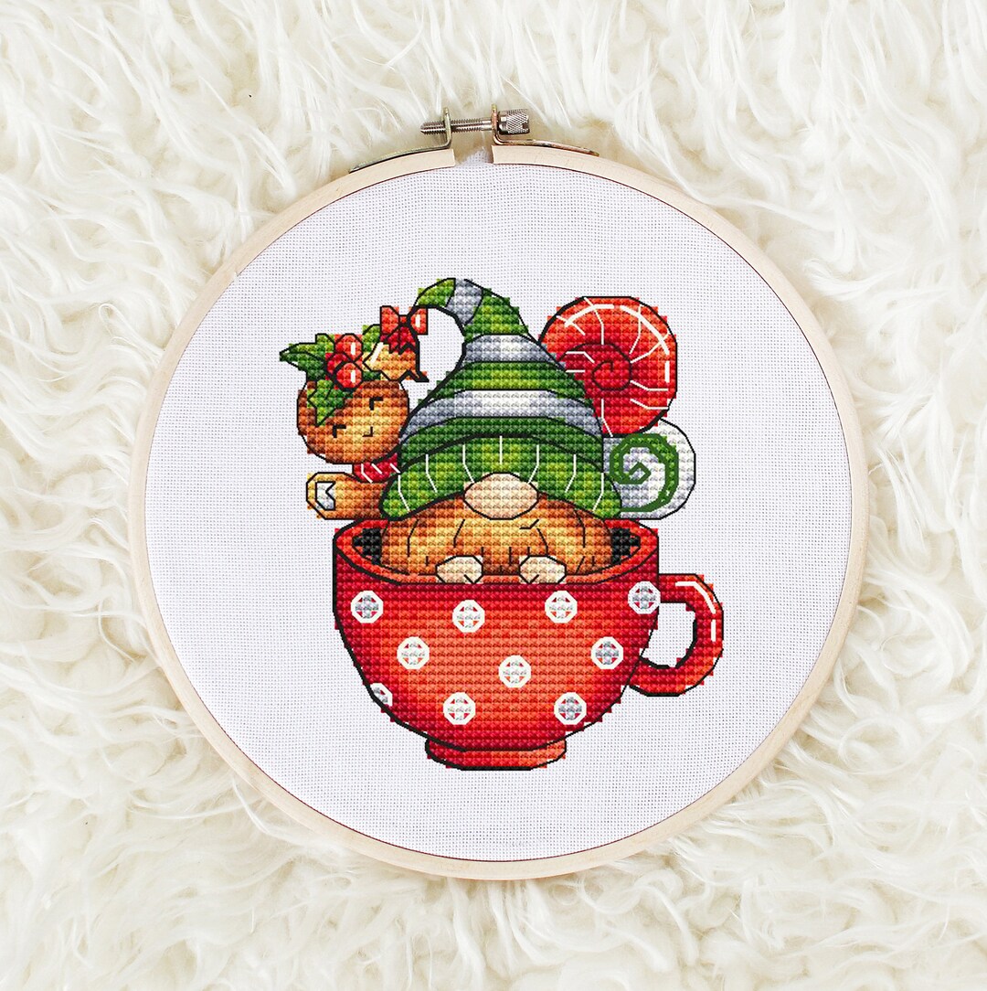 Gnome Cross Stitch Pattern PDF, Christmas Gnome in the Cup Counted ...