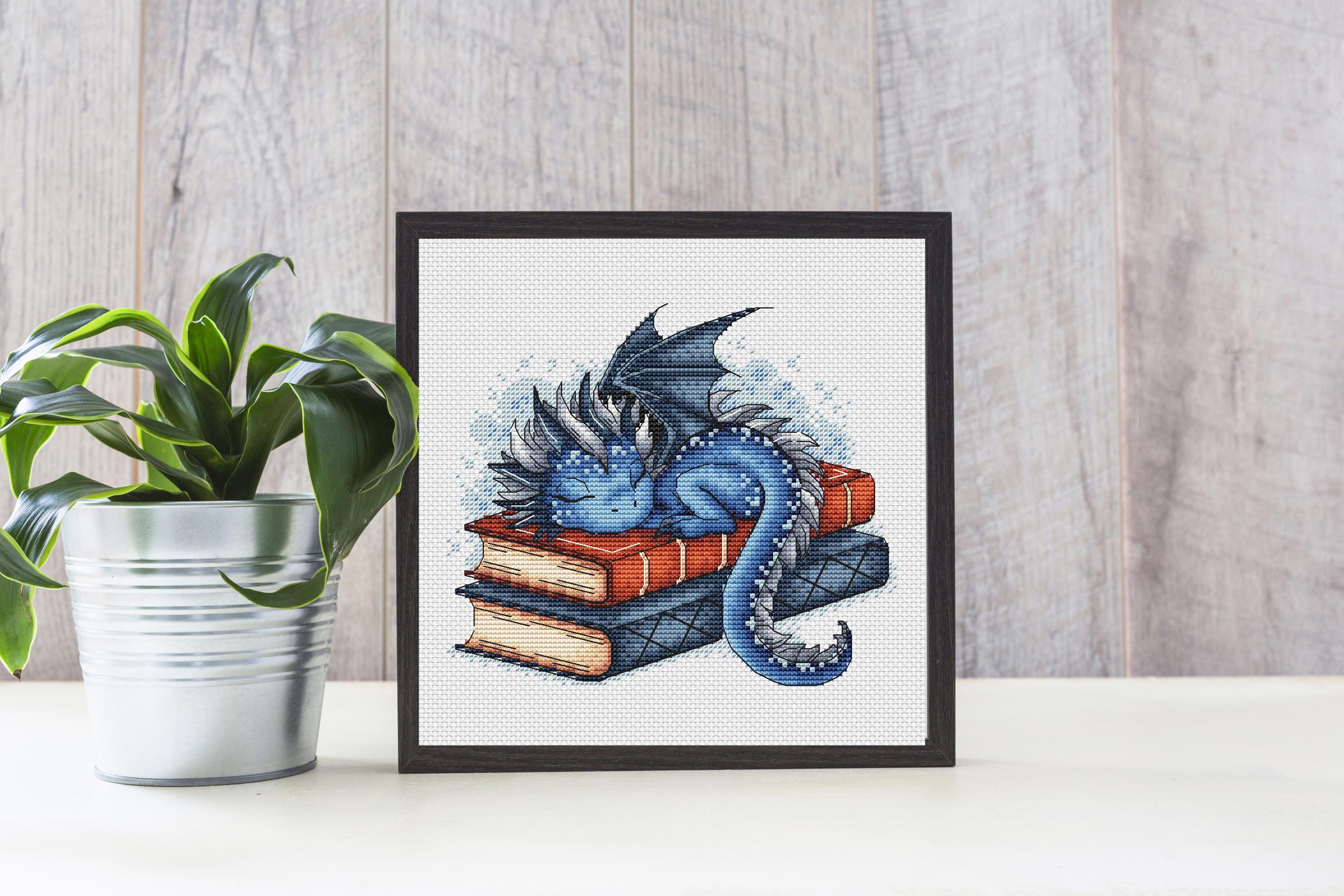 Dragon Cross Stitch Pattern, Sleeping Dragon on Book Cross Stitch, Blue ...
