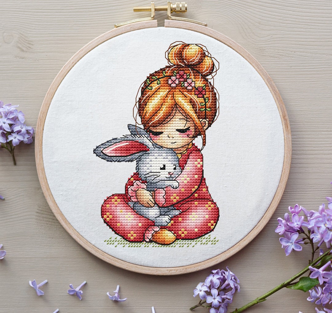 Girl Cross Stitch Pattern, Little Girl With a Bunny Cross Stitch, Soft ...