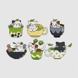 Cats Cross Stitch Pattern PDF, Matcha Cats in Cup Cross Stitch, Kitchen ...
