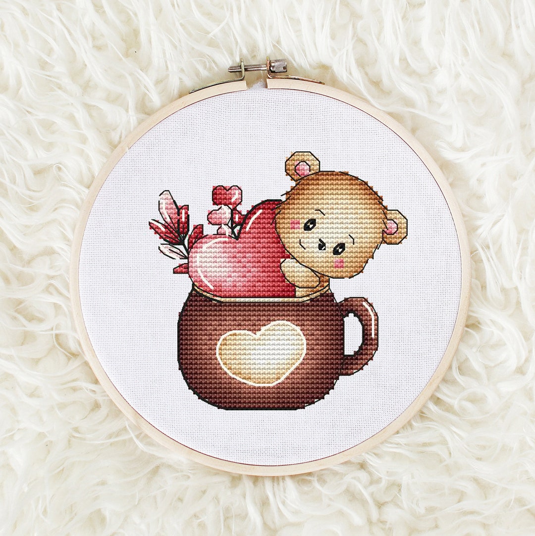 Teddy Cross Stitch Pattern PDF, Teddy Bear in a Cup Counted Cross ...
