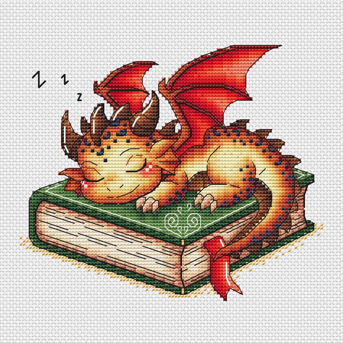 Dragon Cross Stitch Pattern, Sleeping Dragon on Book Cross Stitch ...