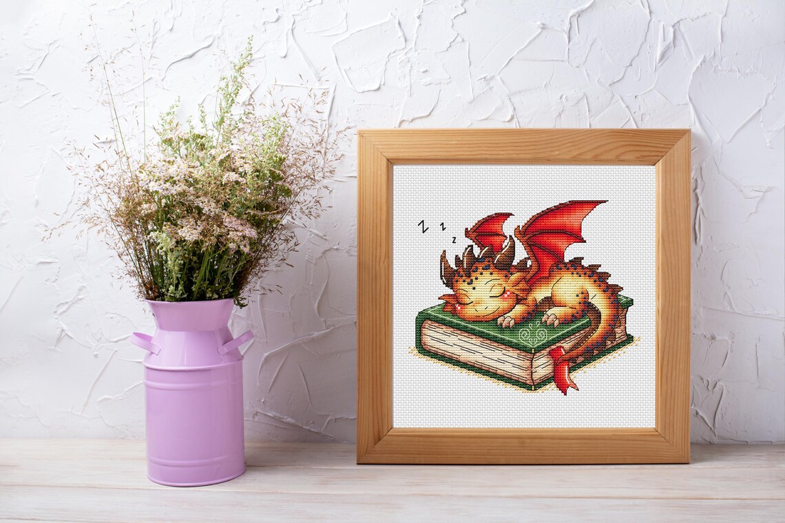 Dragon Cross Stitch Pattern, Sleeping Dragon on Book Cross Stitch ...