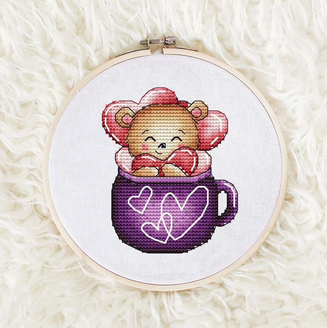 Teddy Cross Stitch Pattern PDF, Teddy Bear in a Cup Counted Cross ...