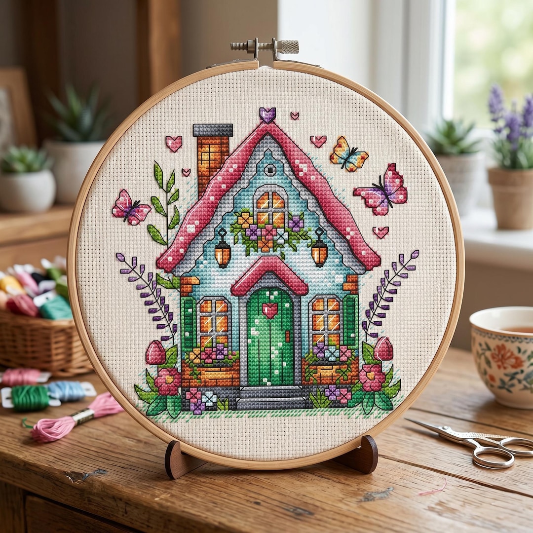 House With Butterflies Cross Stitch Pattern, Spring Decor (PDF File) - Etsy