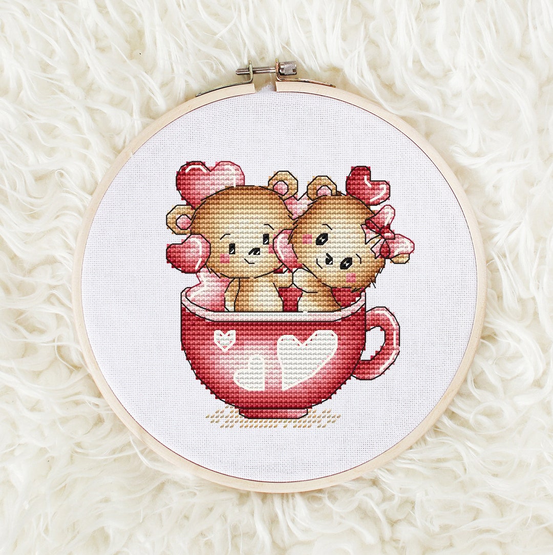 Teddy Cross Stitch Pattern PDF, Teddy Bear in a Cup Counted Cross ...