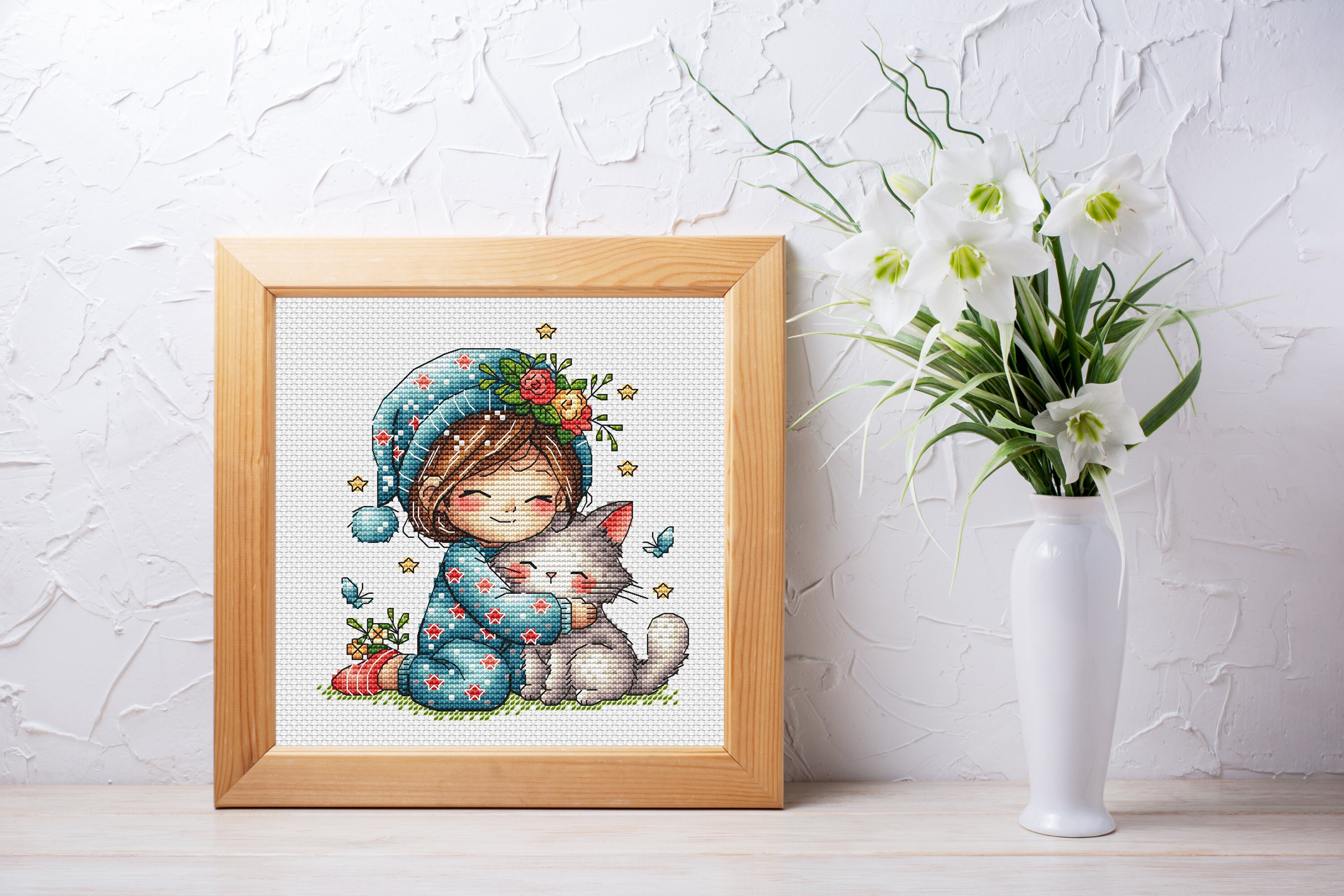 Girl Cross Stitch Pattern, Little Girl With a Kitten Cross Stitch, Soft ...