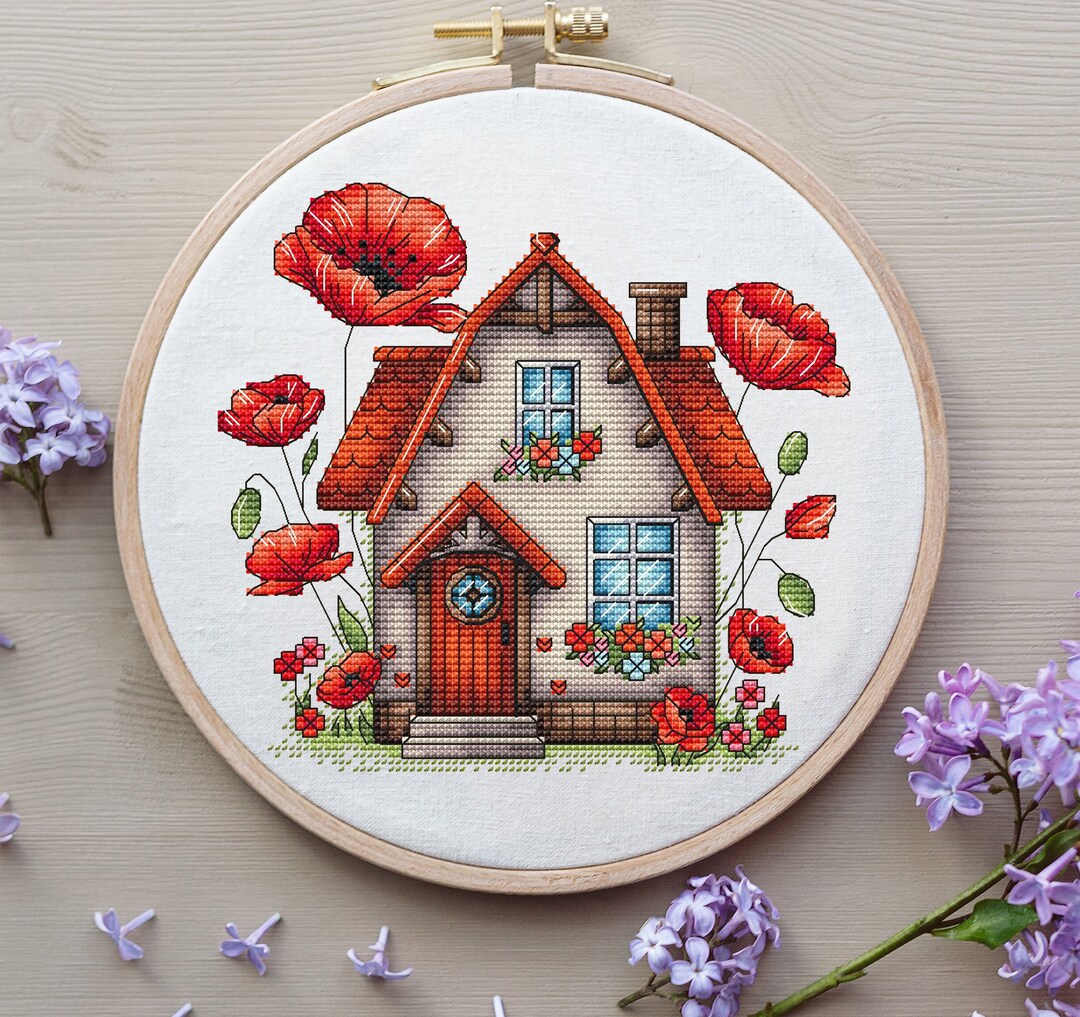 House Cross Stitch Pattern Digital Download, Poppies Flowers House ...