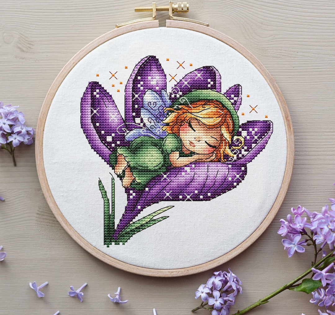 Fairy Cross Stitch Pattern, Fairy on Crocus Cross Stitch, Crocus ...