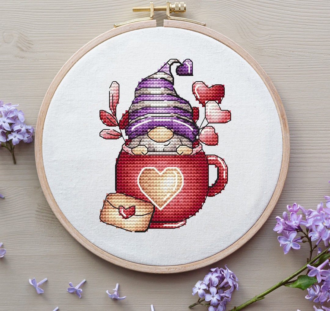 Gnome Cross Stitch Pattern PDF, Valentine's Gnomes Counted Cross Stitch ...