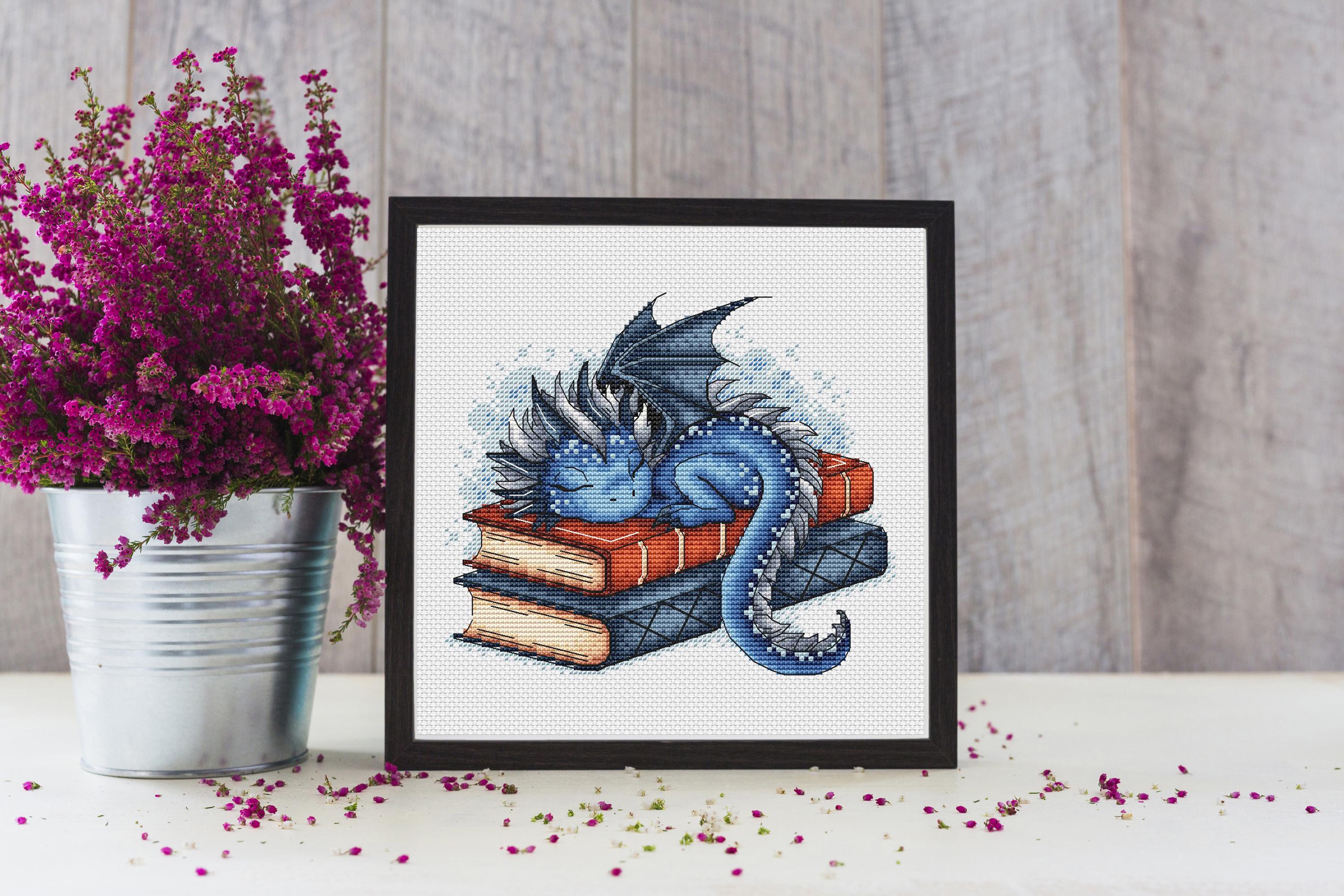 Dragon Cross Stitch Pattern, Sleeping Dragon on Book Cross Stitch, Blue ...
