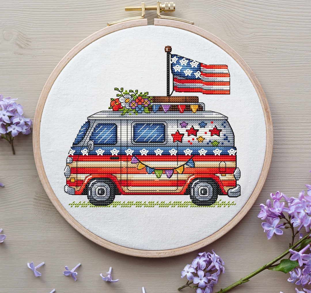 American Van Cross Stitch Pattern, Patriotic Embroidery (PDF) - Etsy