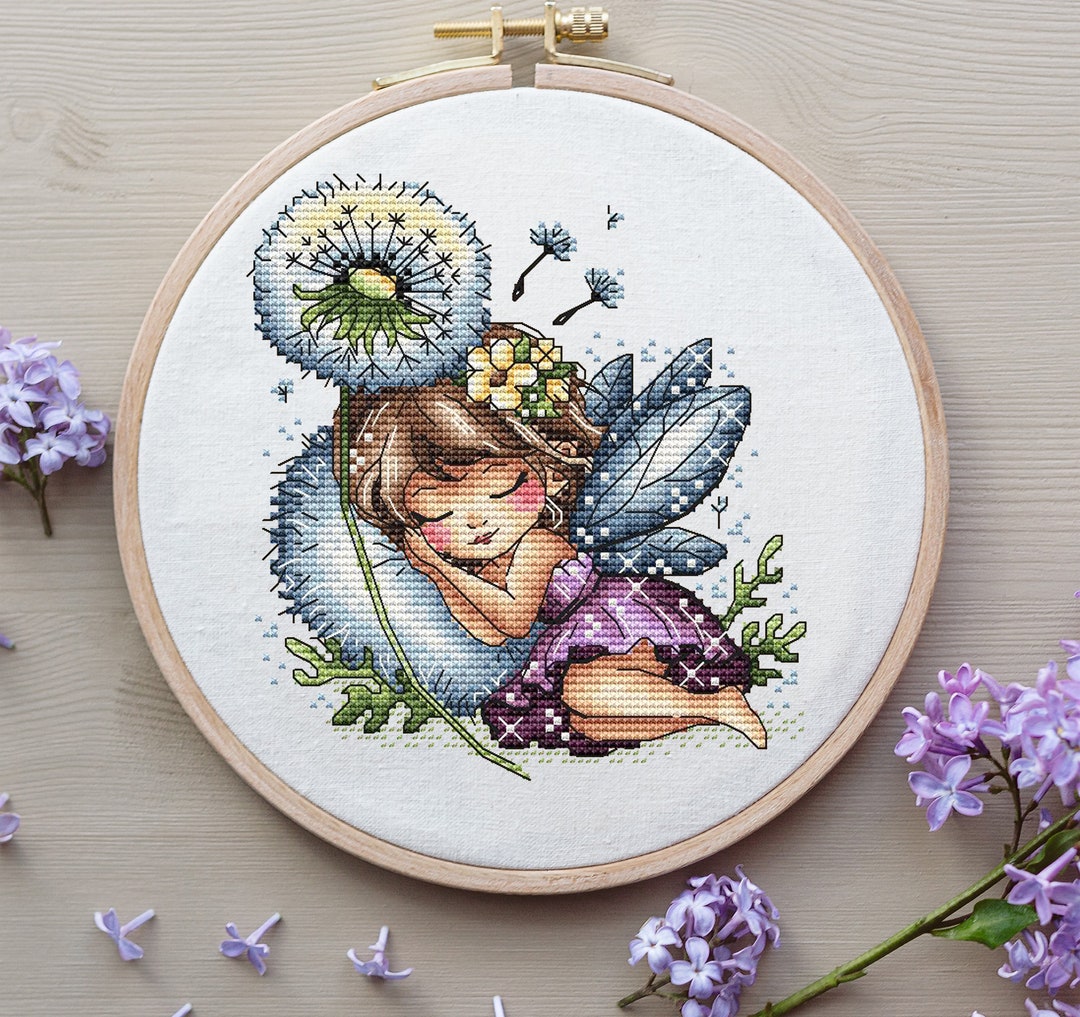 Fairy Cross Stitch Pattern, Fairy on Dandelion Cross Stitch, Flowers ...