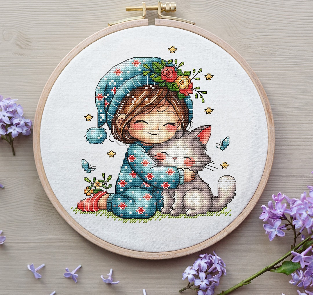 Girl Cross Stitch Pattern, Little Girl With a Kitten Cross Stitch, Soft ...