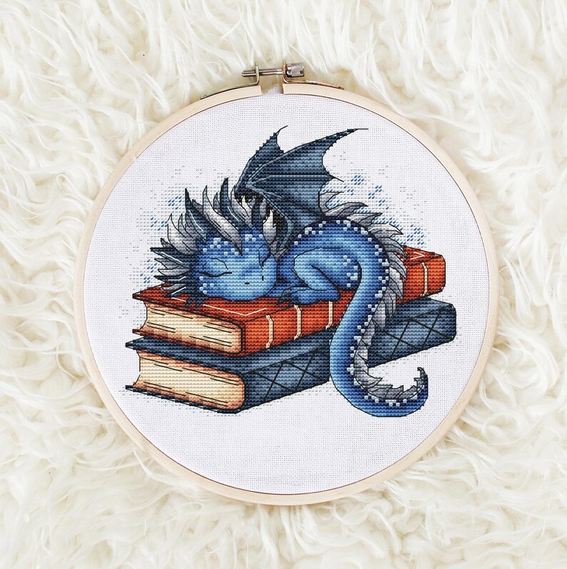 Dragon Cross Stitch Pattern, Sleeping Dragon on Book Cross Stitch, Blue ...
