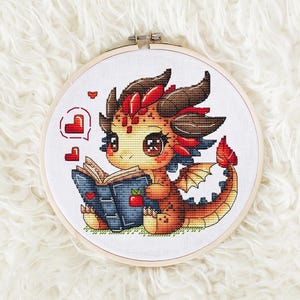 Dragon Cross Stitch Pattern, Cute Dragon With Books Cross Stitch ...