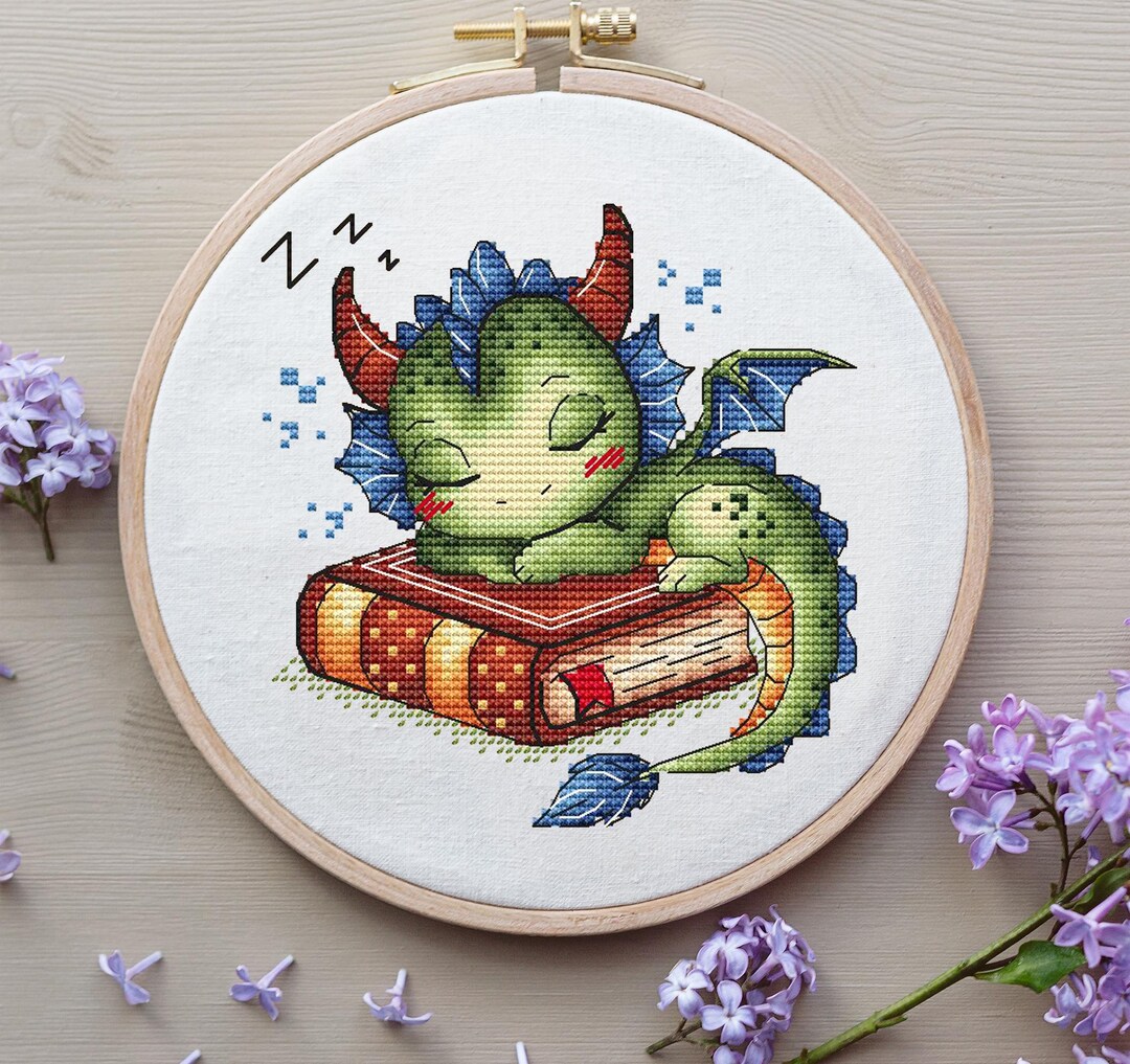 Dragon Cross Stitch Pattern, Sleeping Dragon on Book Cross Stitch ...