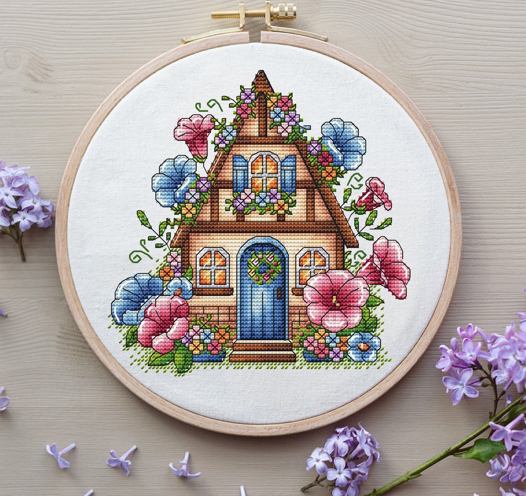 House Cross Stitch Pattern Digital Download, Little Bell Flowers House ...