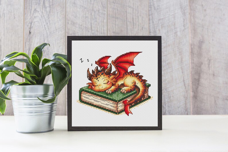 Dragon Cross Stitch Pattern, Sleeping Dragon on Book Cross Stitch ...
